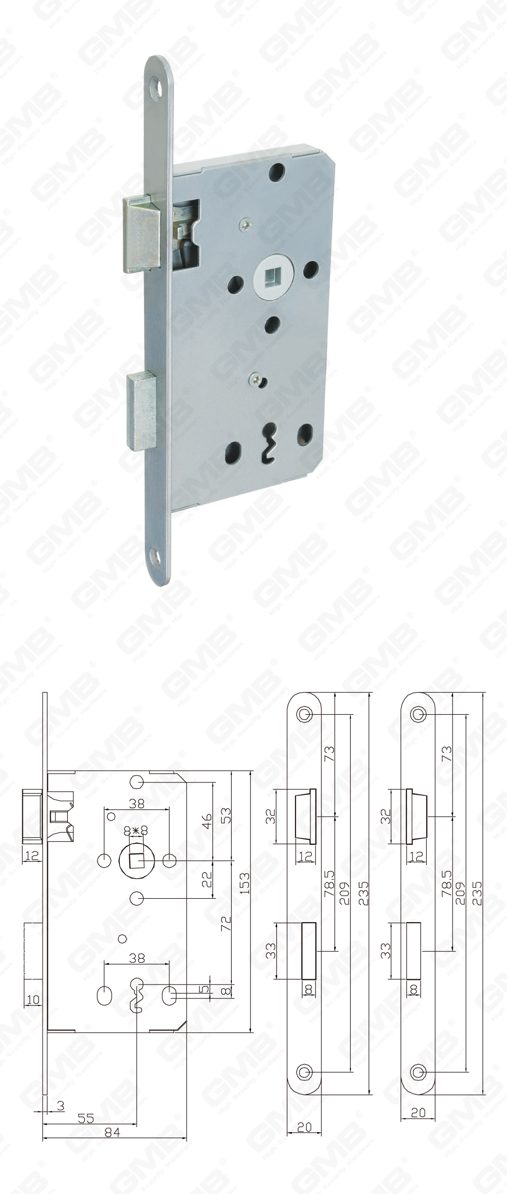 High Security Mortise Door Lock Steel Zamak deadbolt Zamak latch Left ...